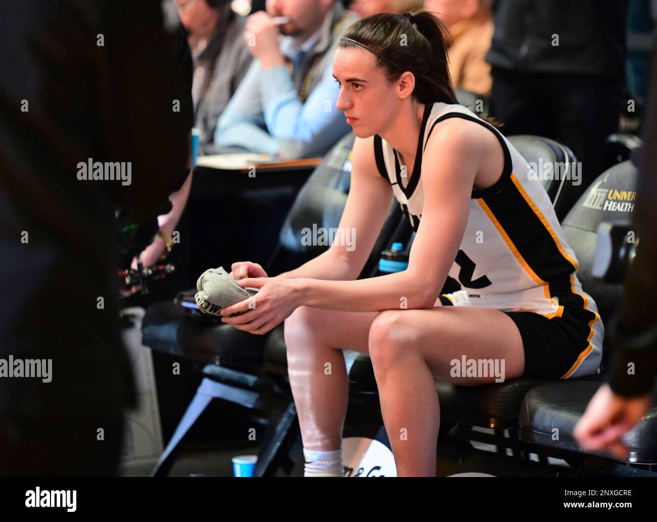 IOWA CITY, IA - FEBRUARY 26: Iowa guard Caitlin Clark (22) waits for ...