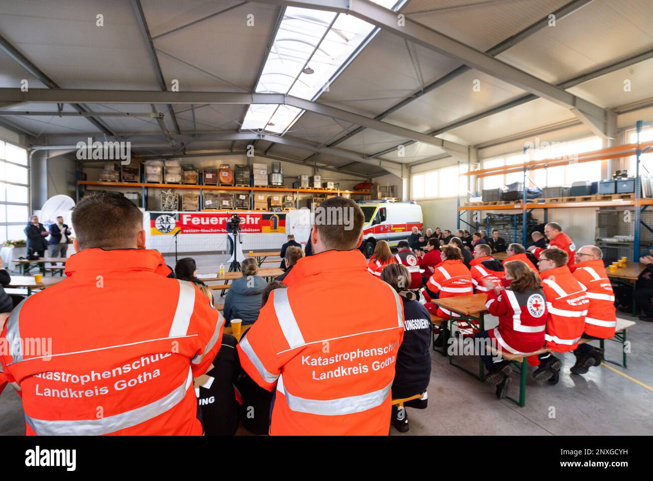 Gotha, Germany. 01st Mar, 2023. Disaster relief workers watch the ...