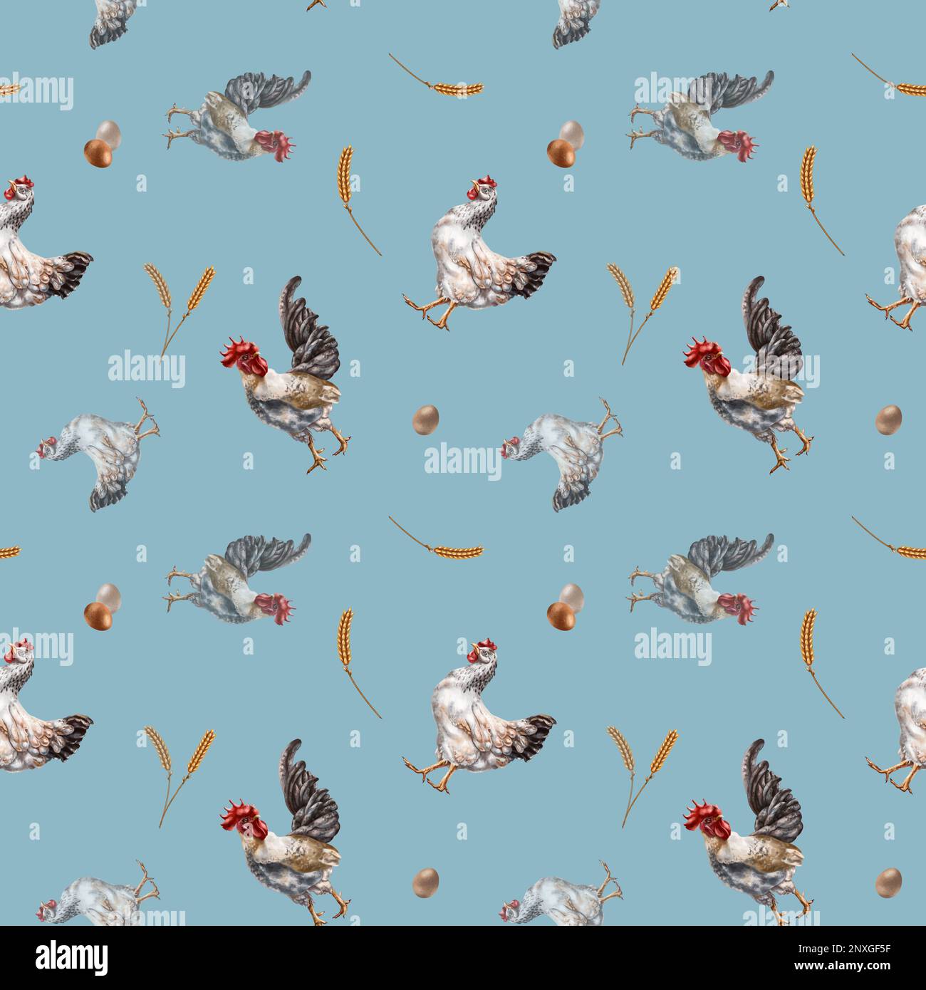 Seamless hand drawn pattern with chicken and rooster. Flower background ...