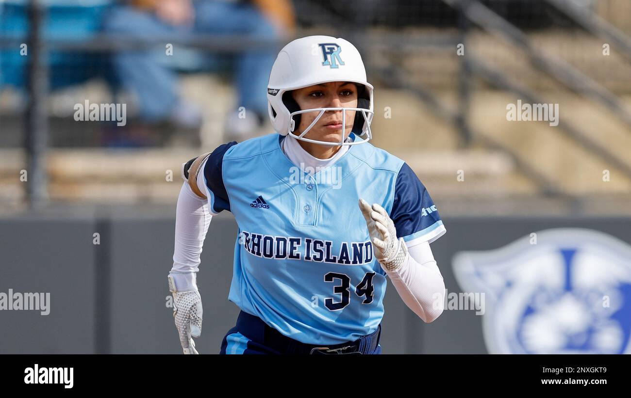 Rhode Island's Hannah Hernandez (34) runs to first base during an NCAA ...