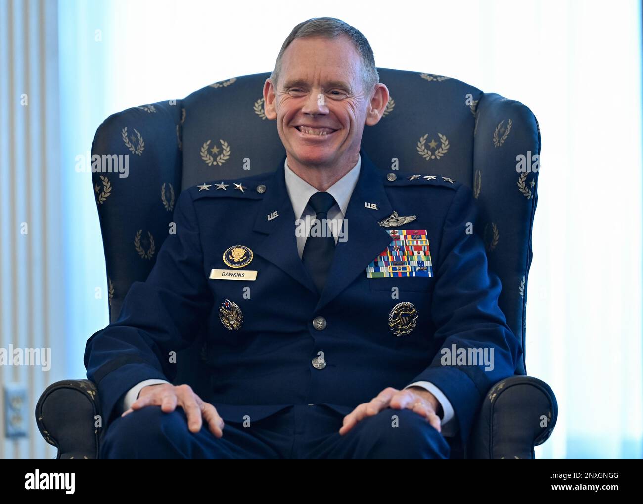 Air Force Lt. Gen. James Dawkins laughs at a joke during his retirement ...