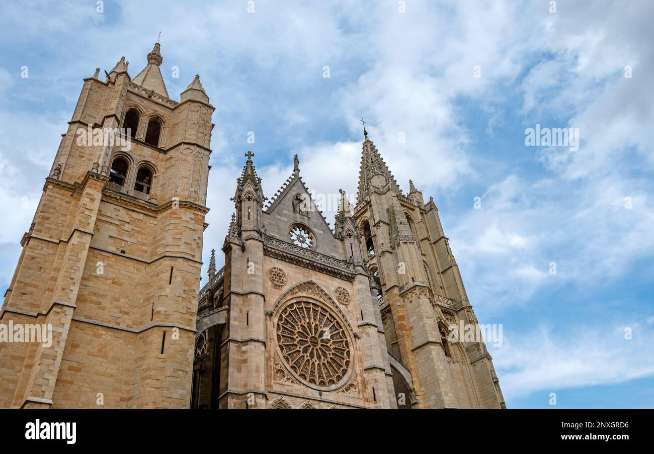Majestic Facade of Leon Cathedral Under a Cloudy Sky in Leon, Spain ...