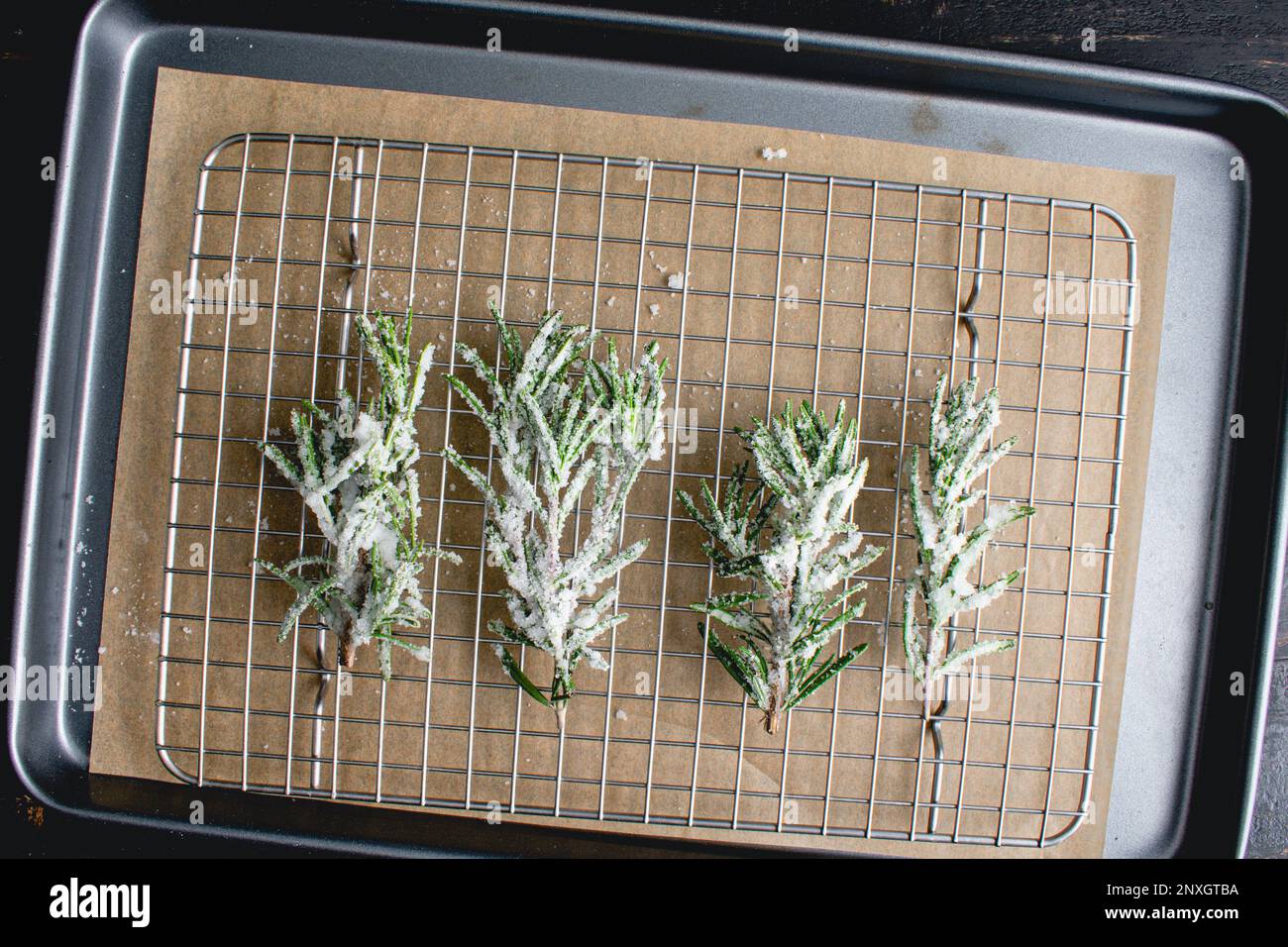 Sugared Rosemary Sprigs Viewed From Above: Herb sprigs covered in ...