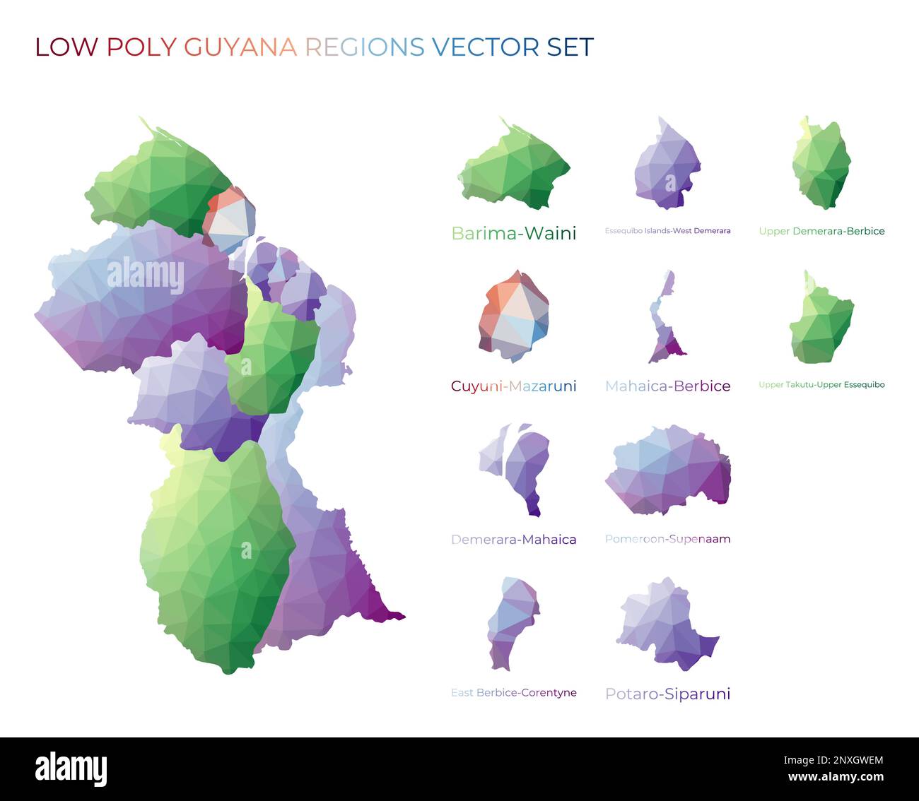 Guyanese low poly regions. Polygonal map of Guyana with regions. Geometric maps for your design ...