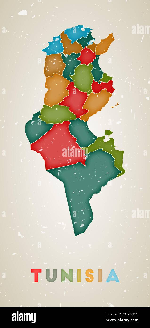 Tunisia map. Country poster with colored regions. Old grunge texture ...