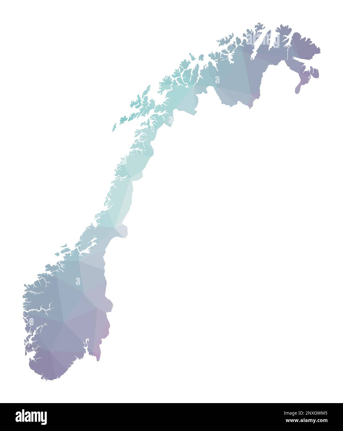 Polygonal map of Norway. Geometric illustration of the country in emerald and amethyst colors ...
