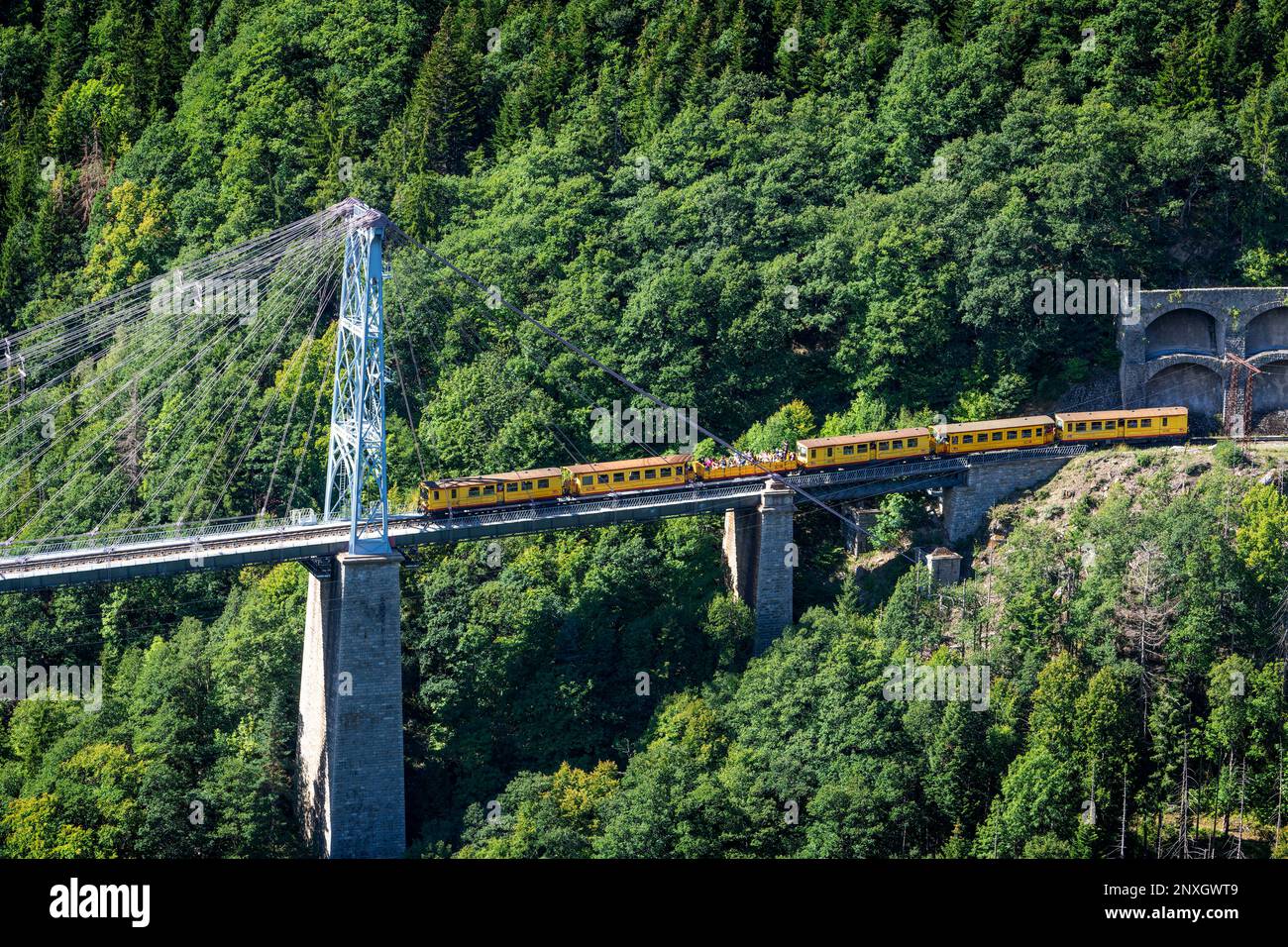 Petit train jaune train in the suspension bridge at Pont Gisclard ...