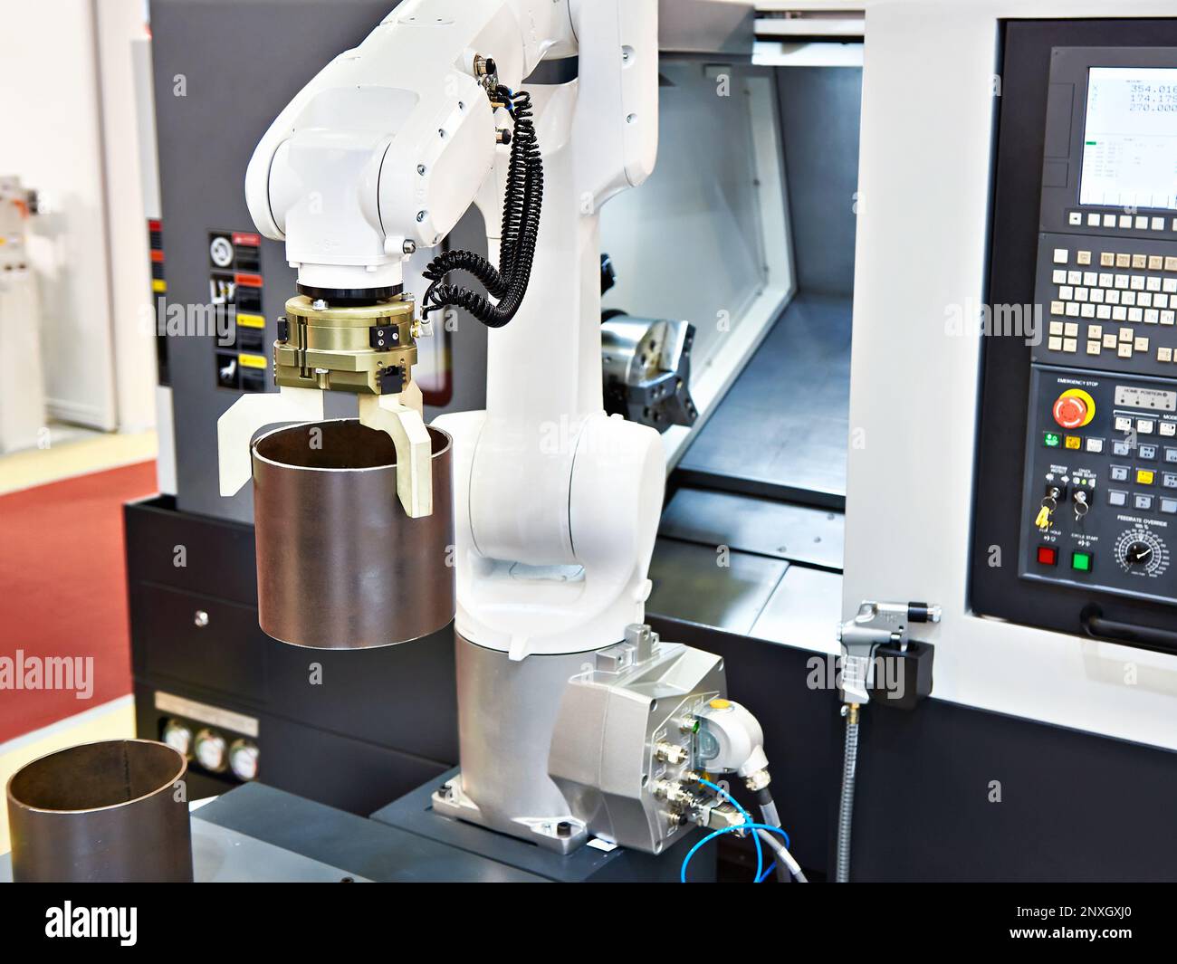 Standard universal industrial robot with part and cnc lathe machine ...