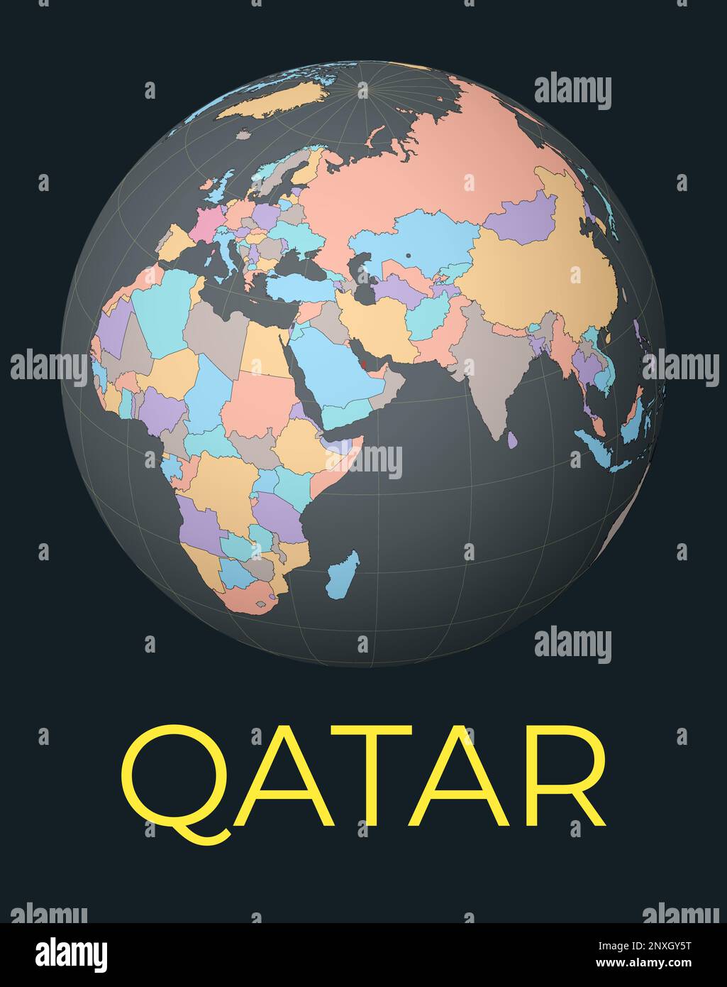 World map centered on Qatar. Red country highlighted. Satellite world ...