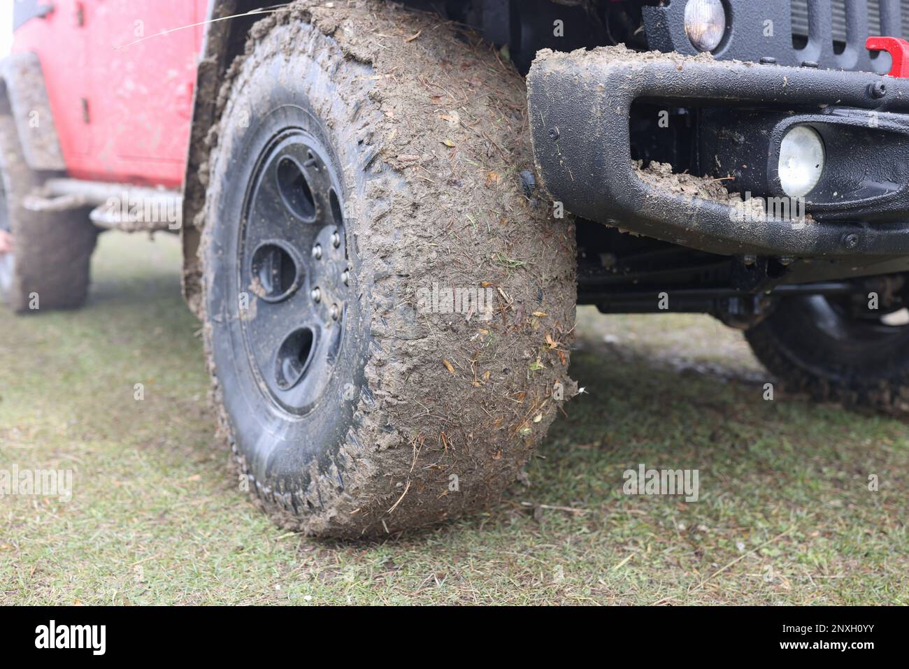 Offroad car dirty wheel, suv covered with mud on countryside road Stock ...