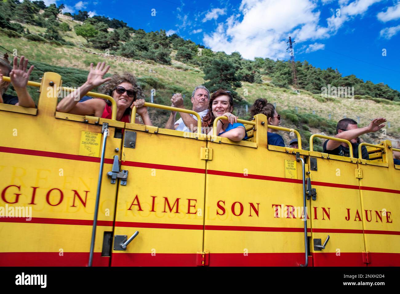 People inside The Yellow Train or Train France, Pyrenees-Orientales ...