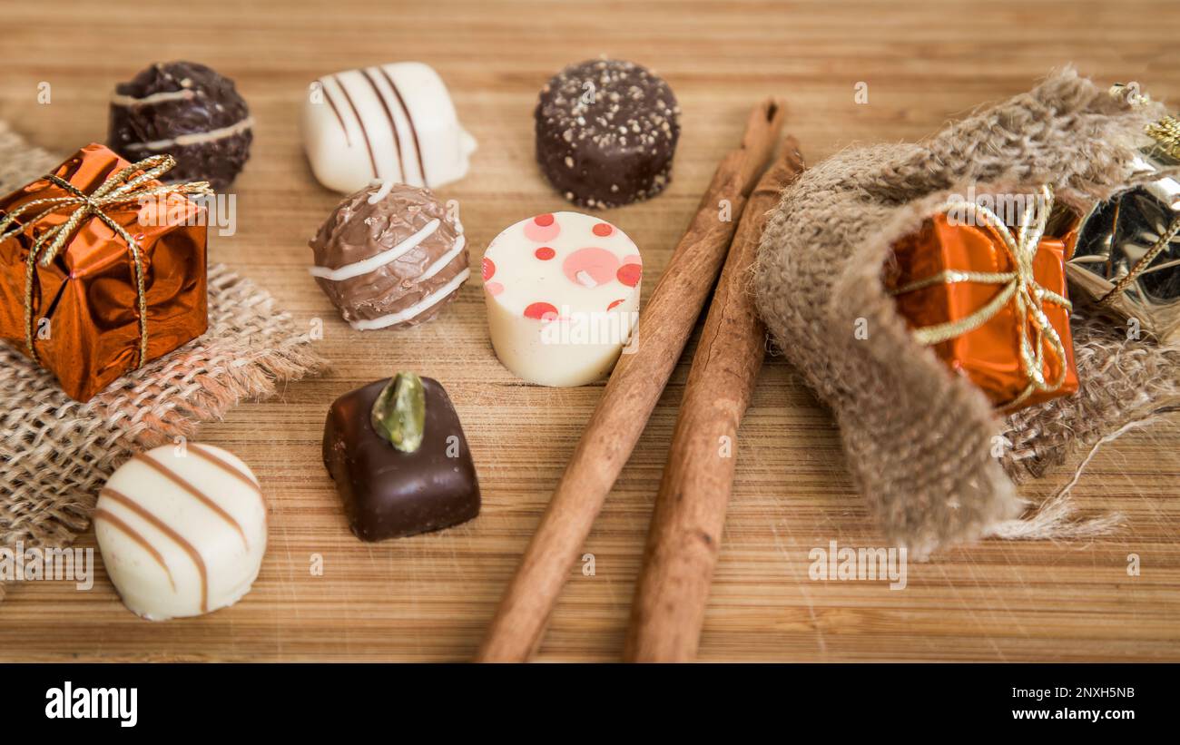 Assortment sweet confectionery chocolate candies and pralines setting ...