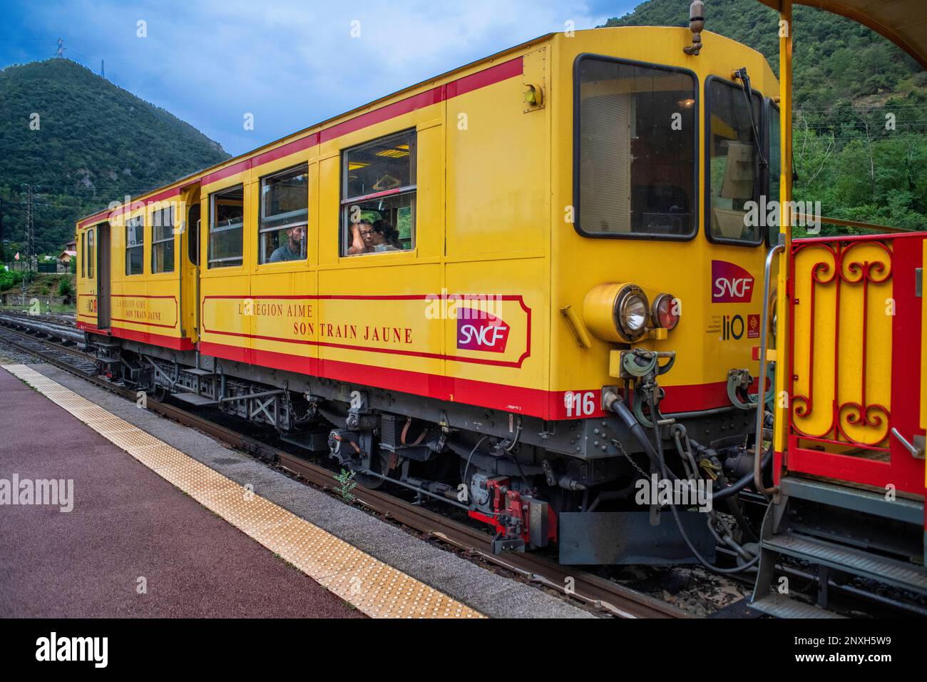Vilafranca de Conflent train station. The Yellow Train or Train Jaune ...