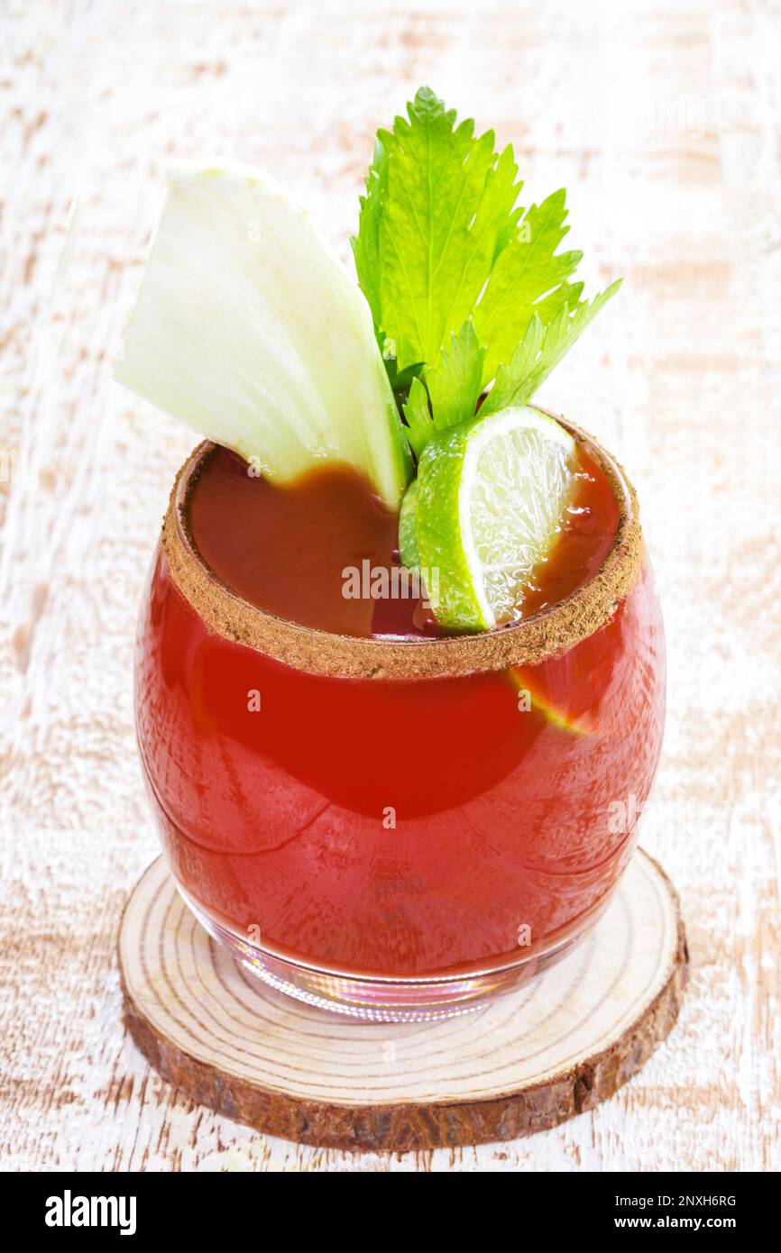 Bloody mary, a red drink based on vodka, tomato juice, lemon juice ...