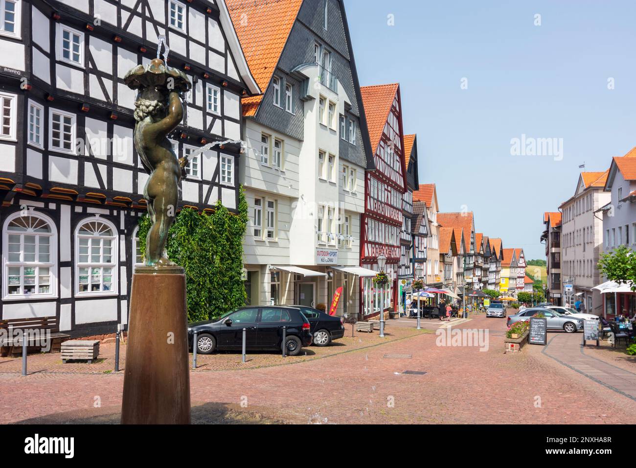 Bad Wildungen: Old Town, street Brunnenstraße, half-timberd houses in ...
