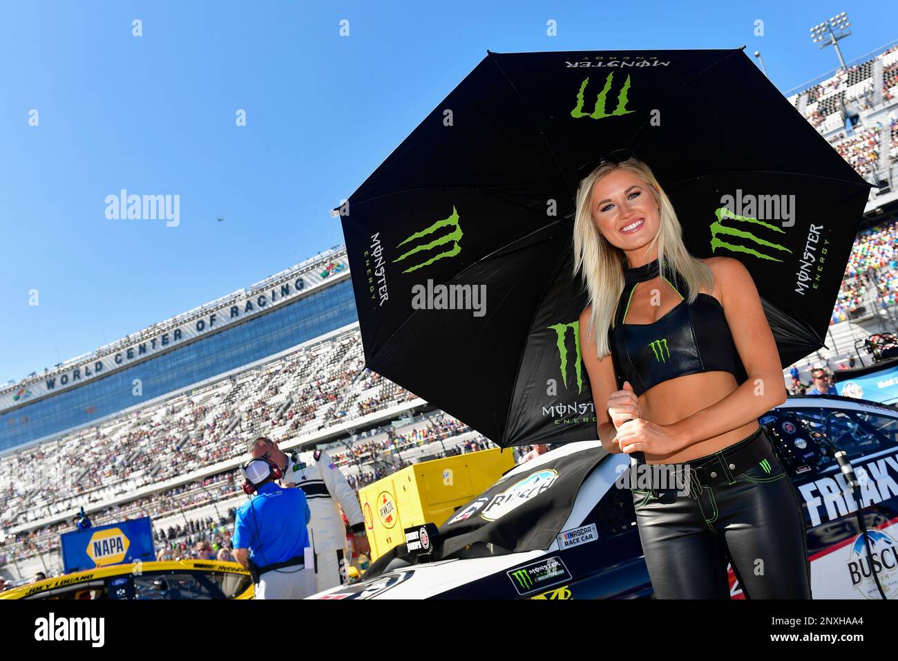 A Monster Girl poses on the gird during pre-race ceremonies for the ...