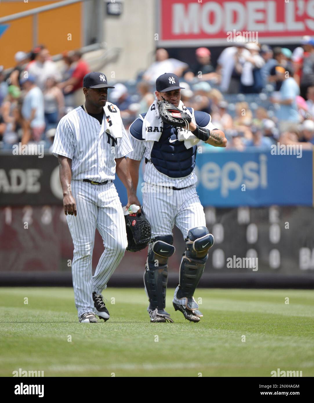 New York Yankees pitcher Luis Severino (40) and catcher Gary Sanchez ...