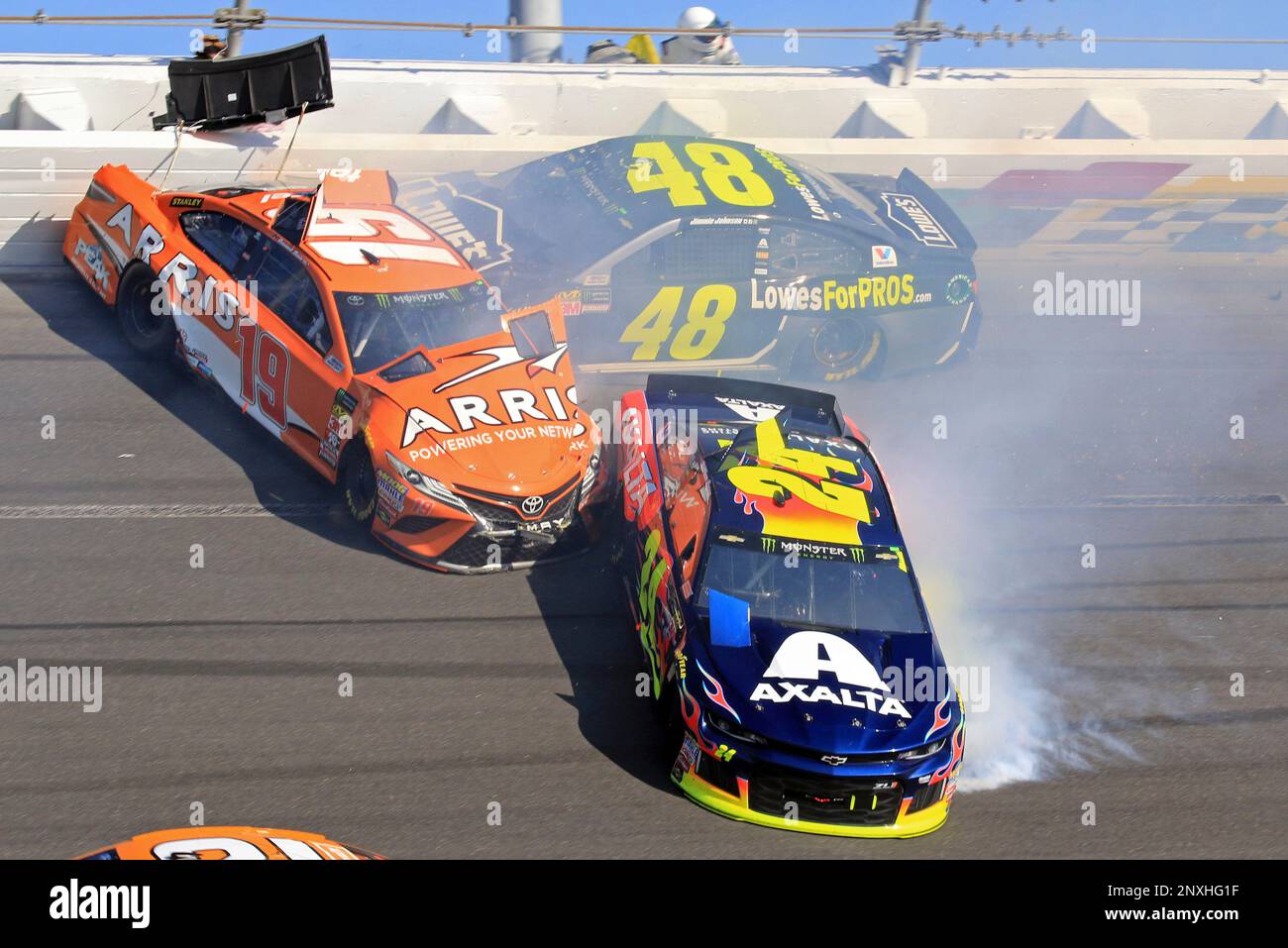 Daniel Suarez (19), Jimmie Johnson (48) and William Byron (24) crash ...