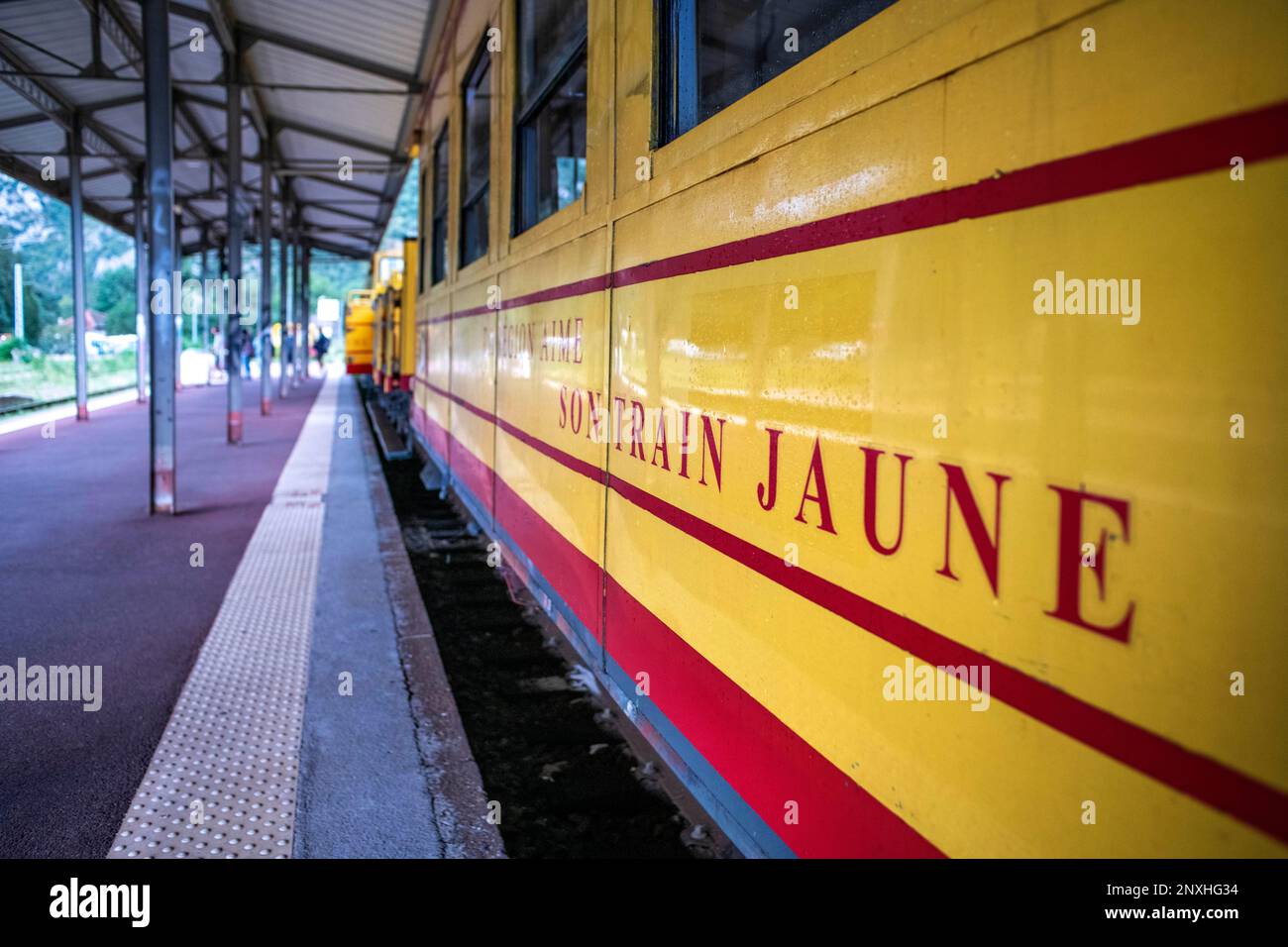 Vilafranca de Conflent train station. The Yellow Train or Train Jaune ...