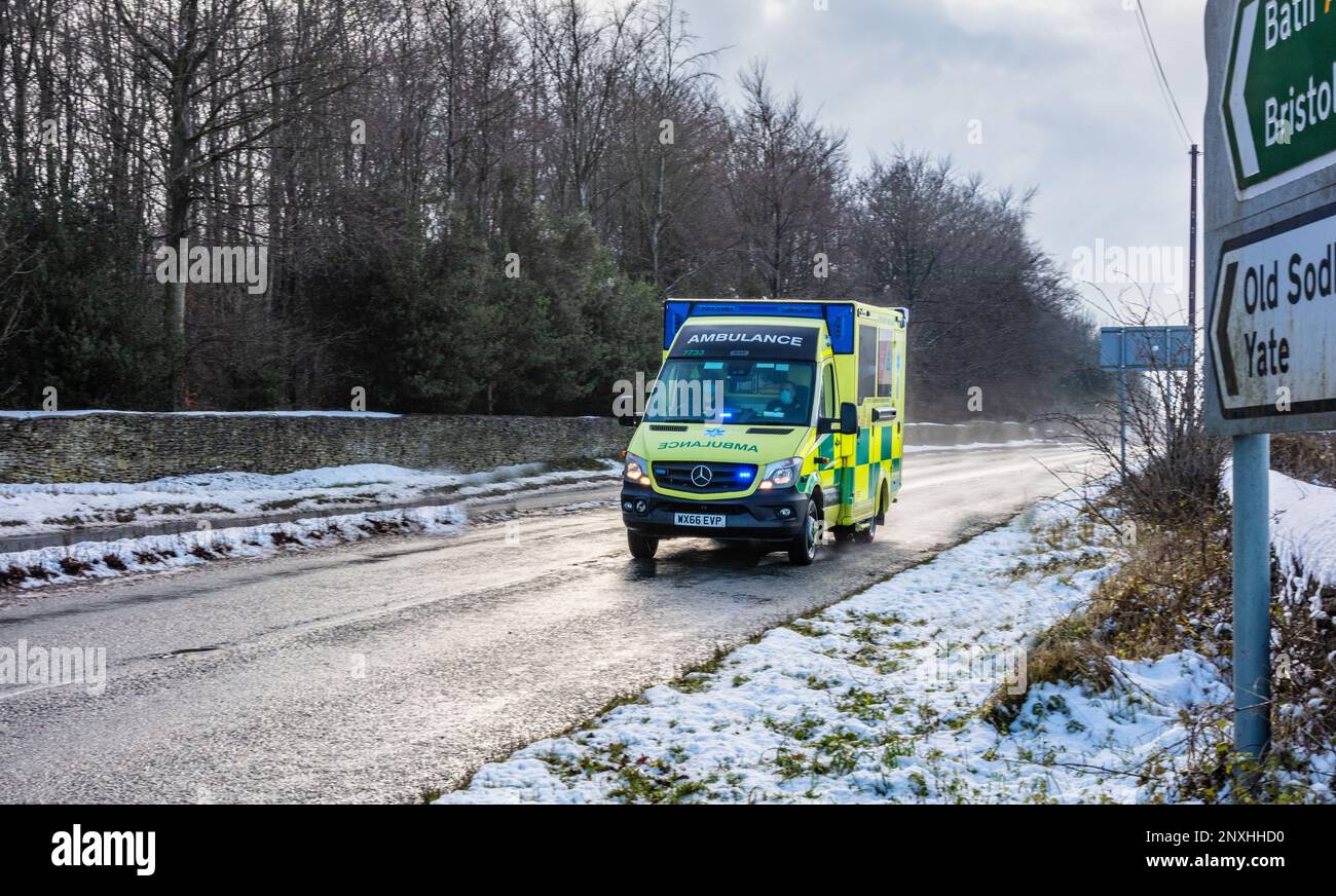 NHS Ambulance in the winter snow, Gloucestershire, United Kingdom Stock ...