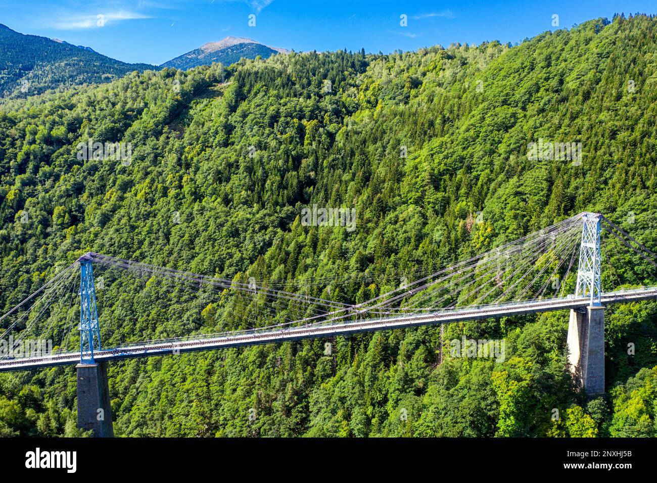 Aerial view of Petit train jaune train in the suspension bridge at Pont ...