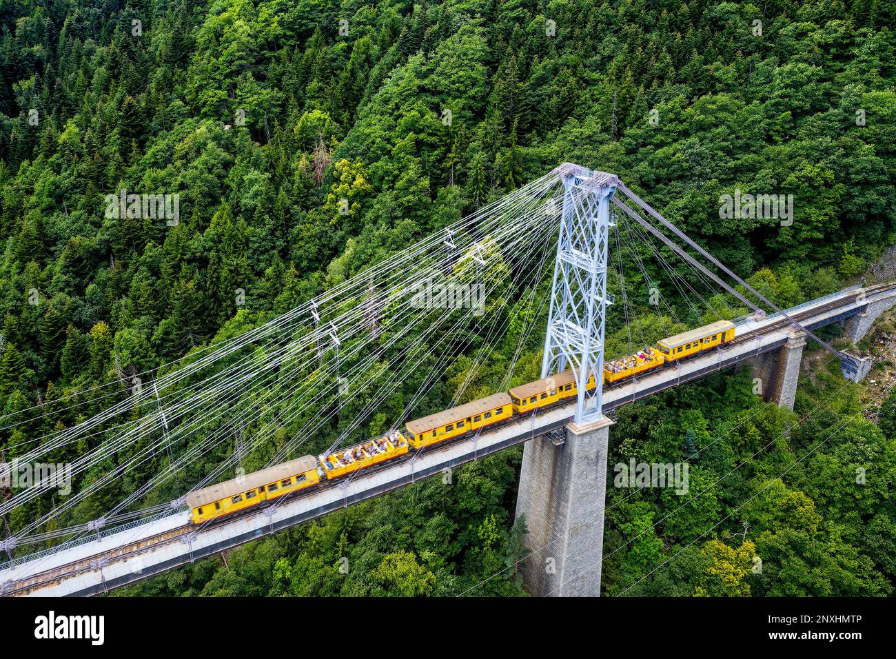 Aerial view of Petit train jaune train in the suspension bridge at Pont ...