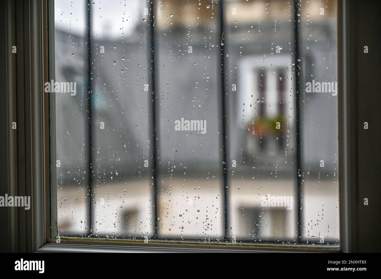 Conceptual image of a window on a rainy day: close-up image of the ...