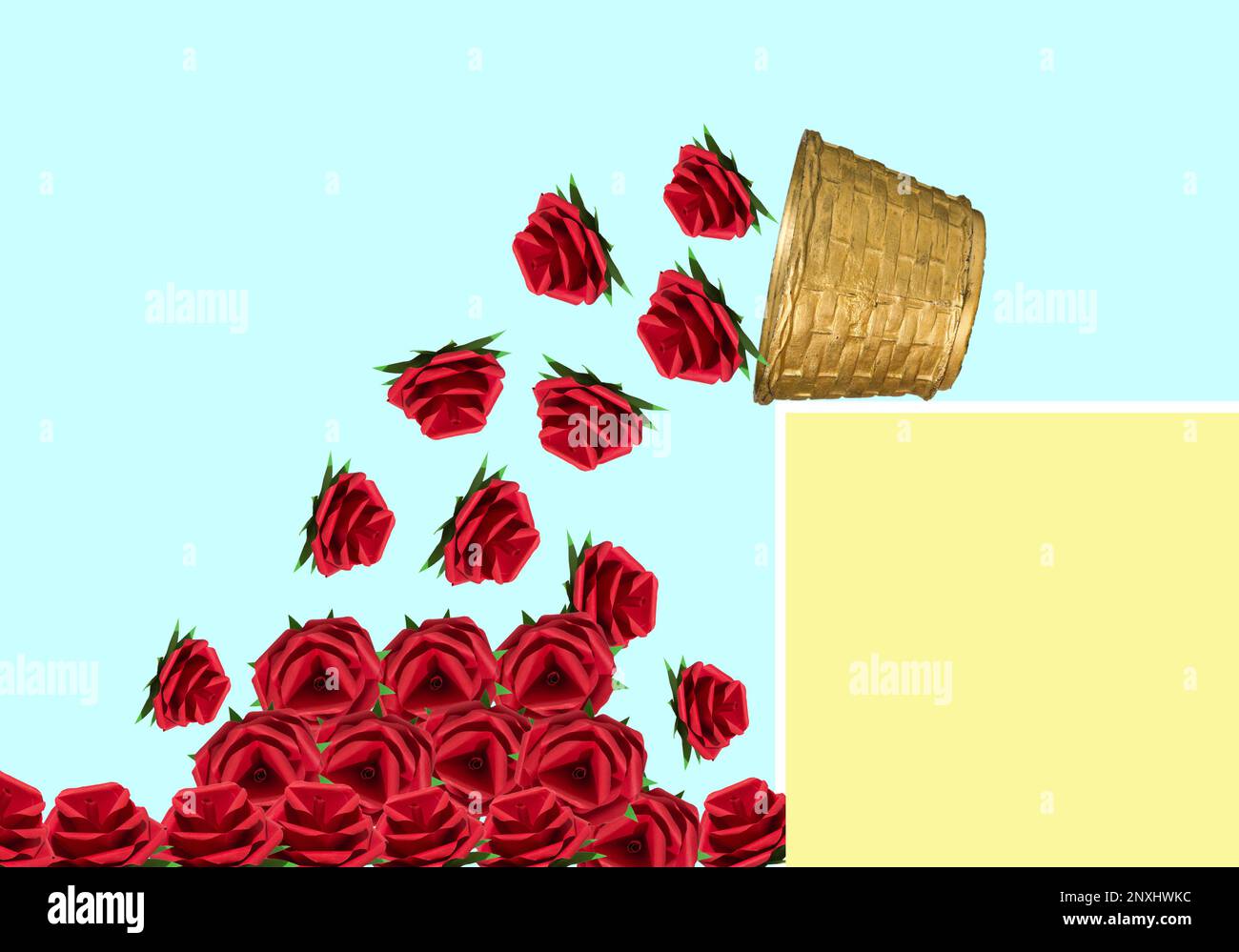 rose flowers drop from wooden basket, creative romantic spring design ...