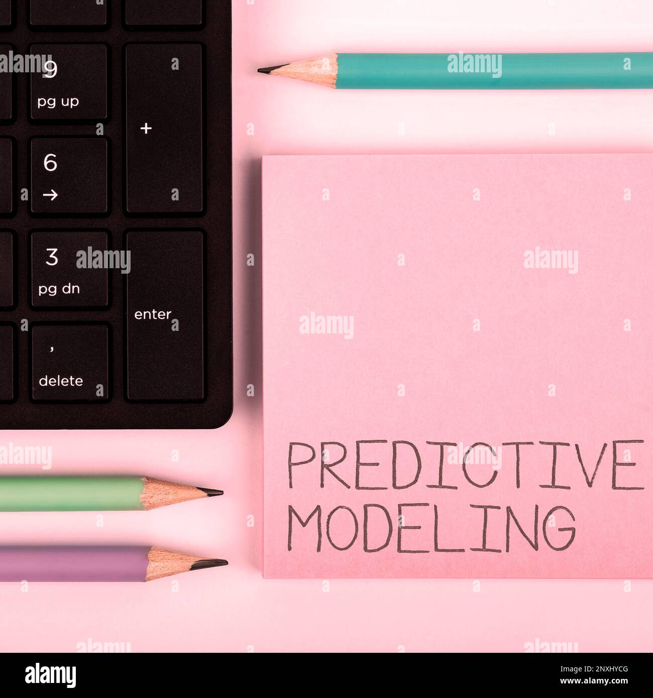 Text caption presenting Predictive Modeling. Word Written on maintenance strategy driven by ...