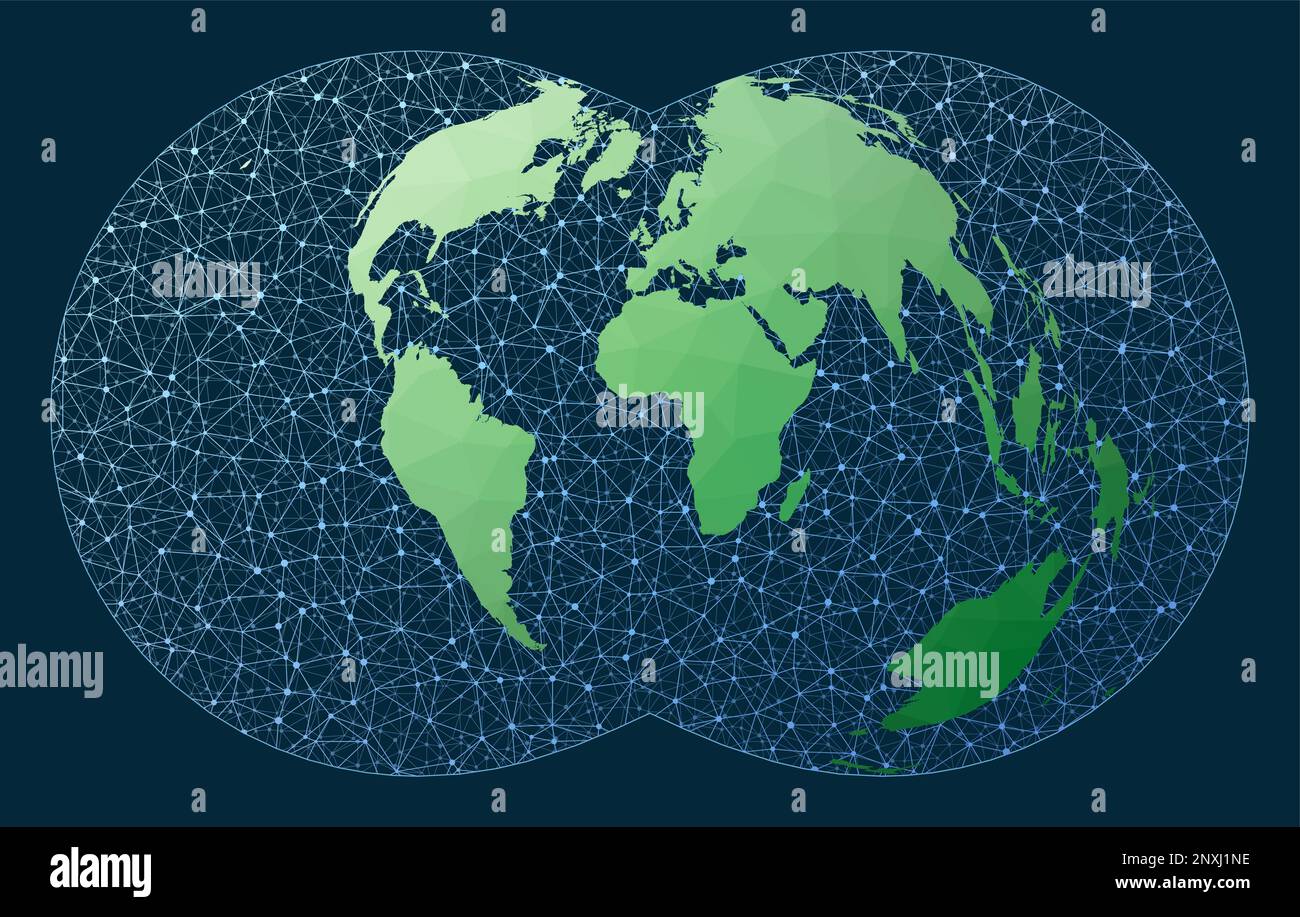 World Map Connection Rectangular Polyconic Projection Green Low Poly World Map With Network