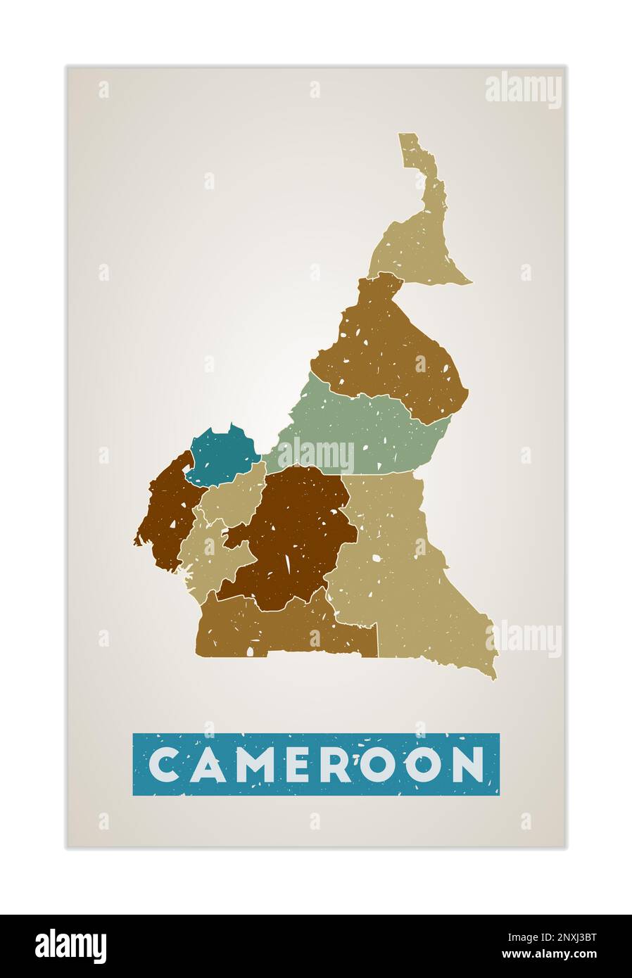 Cameroon map. Country poster with regions. Old grunge texture. Shape of ...