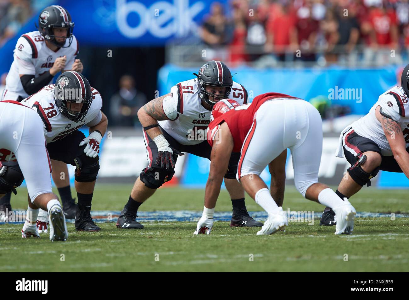 Cory Helms (51) of the South Carolina Gamecocks lines up on offense ...