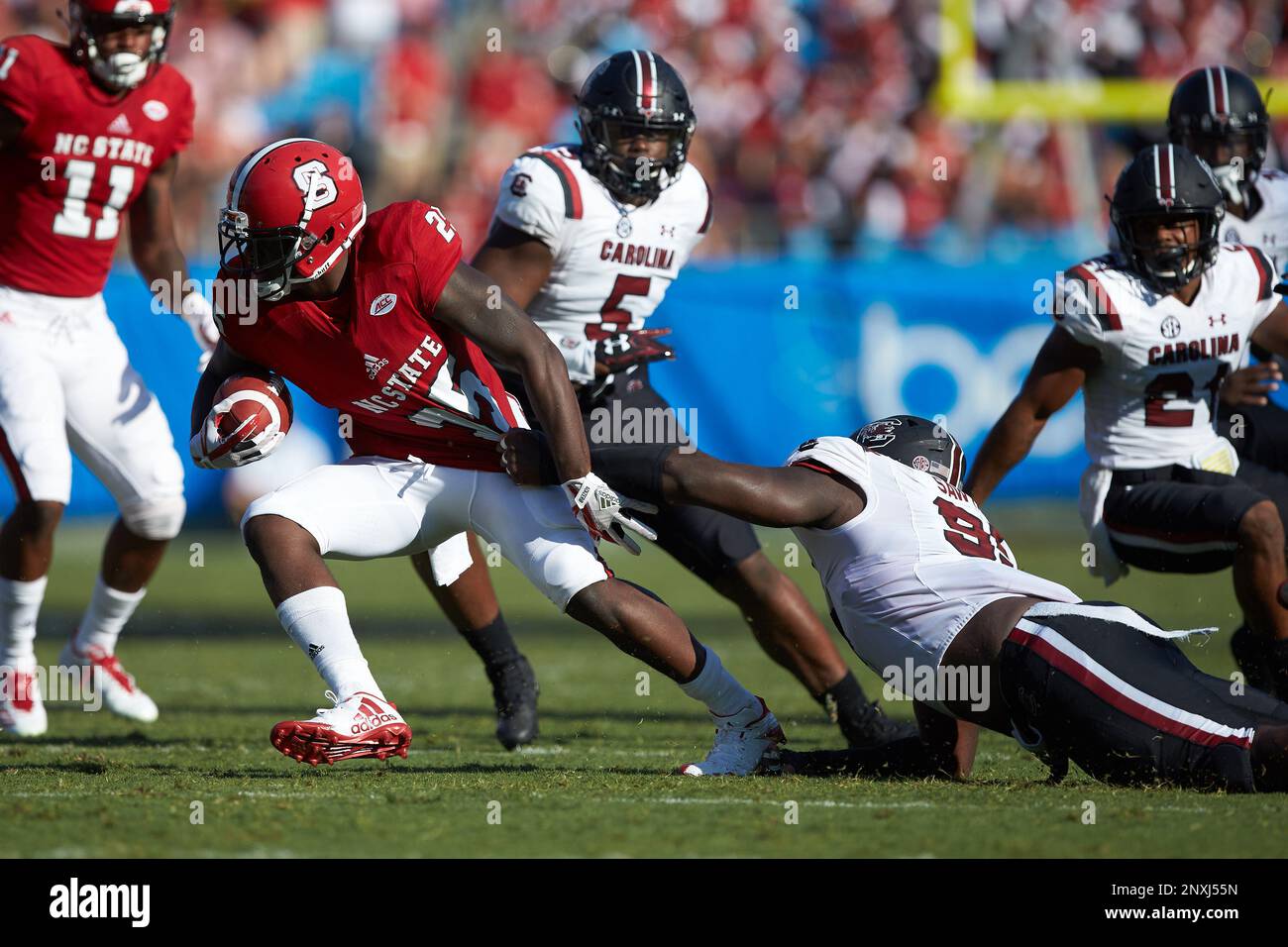 Dante Sawyer (95) of the South Carolina Gamecocks grabs hold of the ...