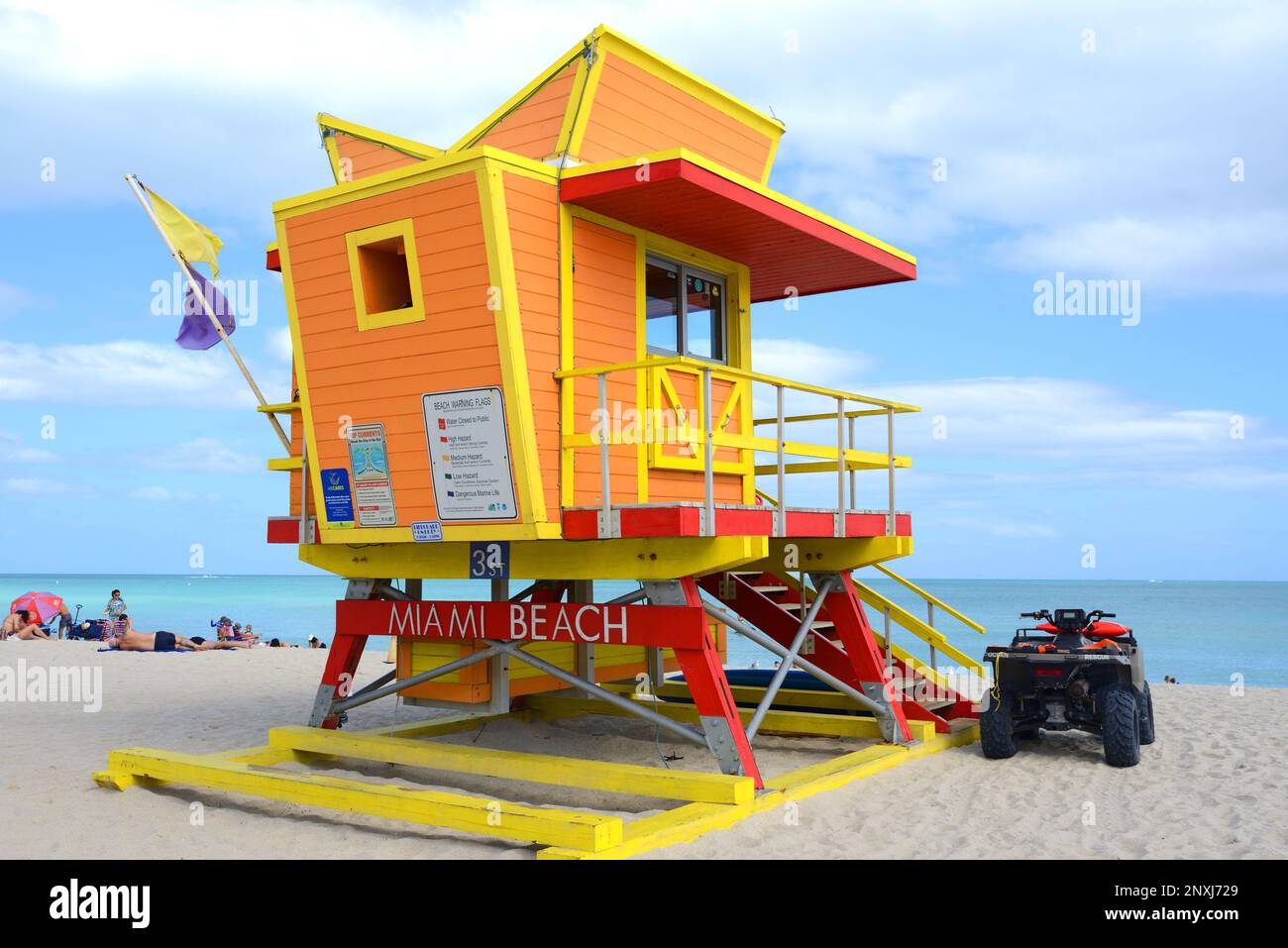 Modern beautiful yellow-orange lifeguard tower at South Pointe. Miami ...
