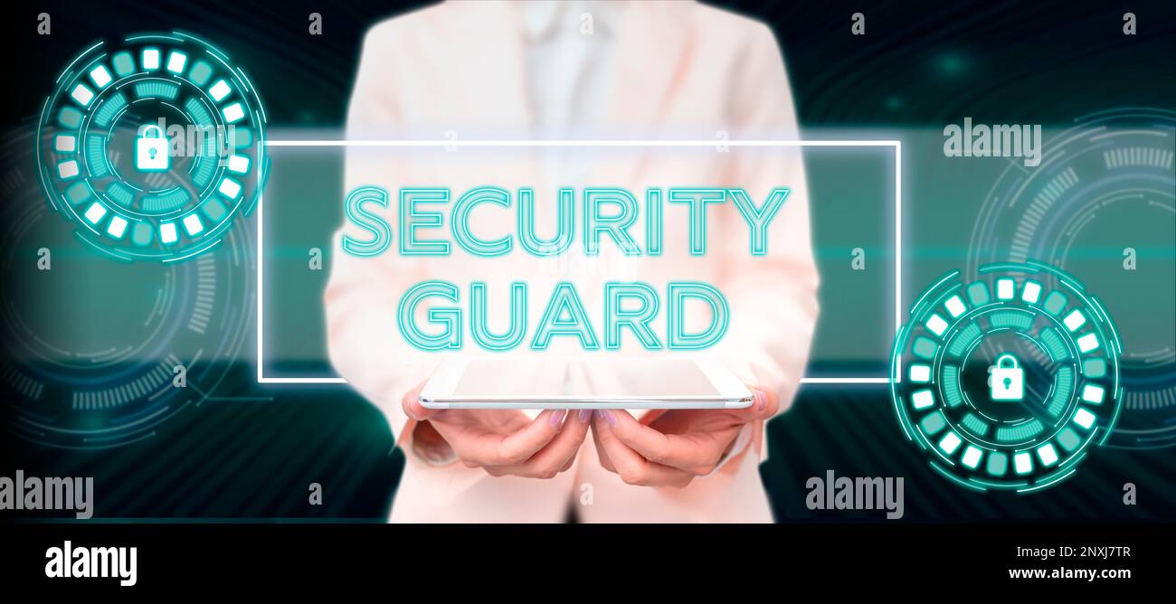 Hand writing sign Security Guard. Business overview tools used to ...