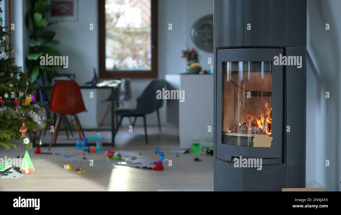 Cozy house chimney fire place fire burning in a modern interior Stock ...
