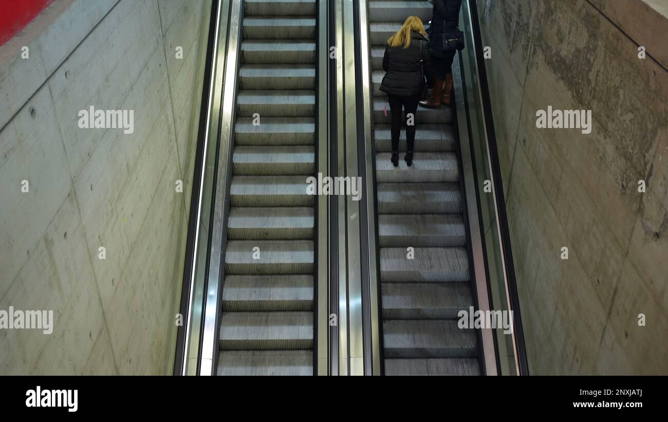 modern automatic escalators seen from above. Top view of escalator ...