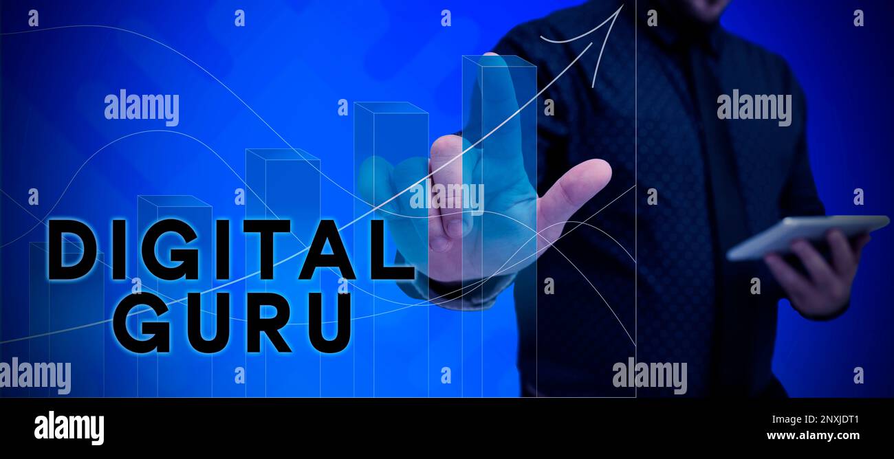 Hand writing sign Digital Guru. Word for teacher and intellectual guide ...