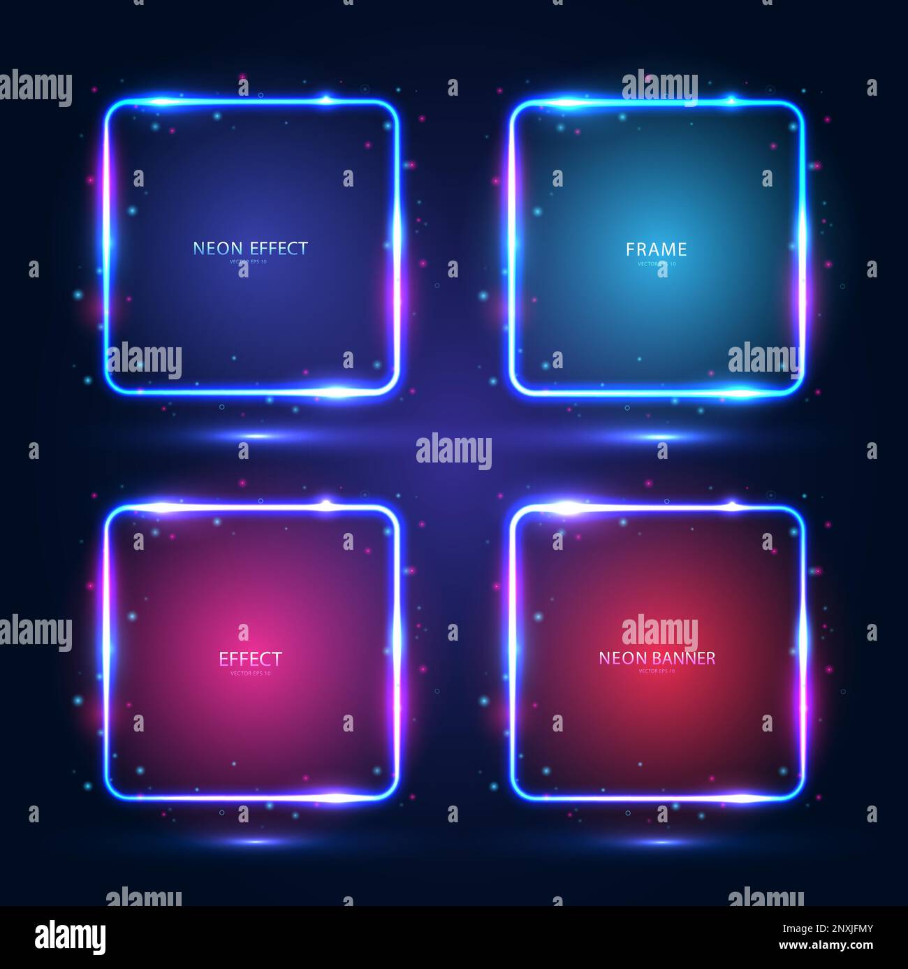 A set of square neon frames with shining effects, highlights and ...