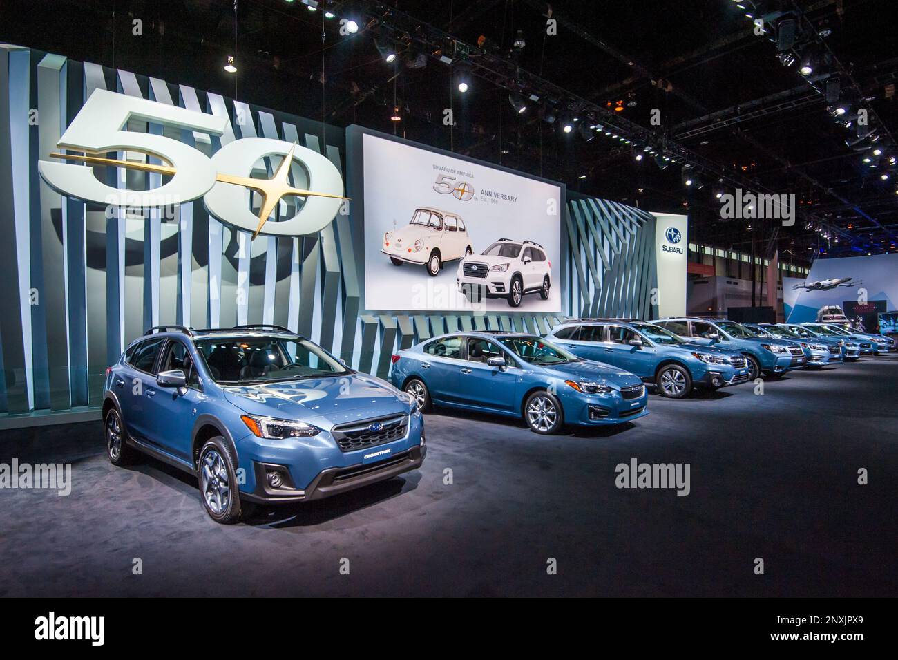 CHICAGO, IL - FEBRUARY 09: A 50th anniversary logo is seen with Subaru ...