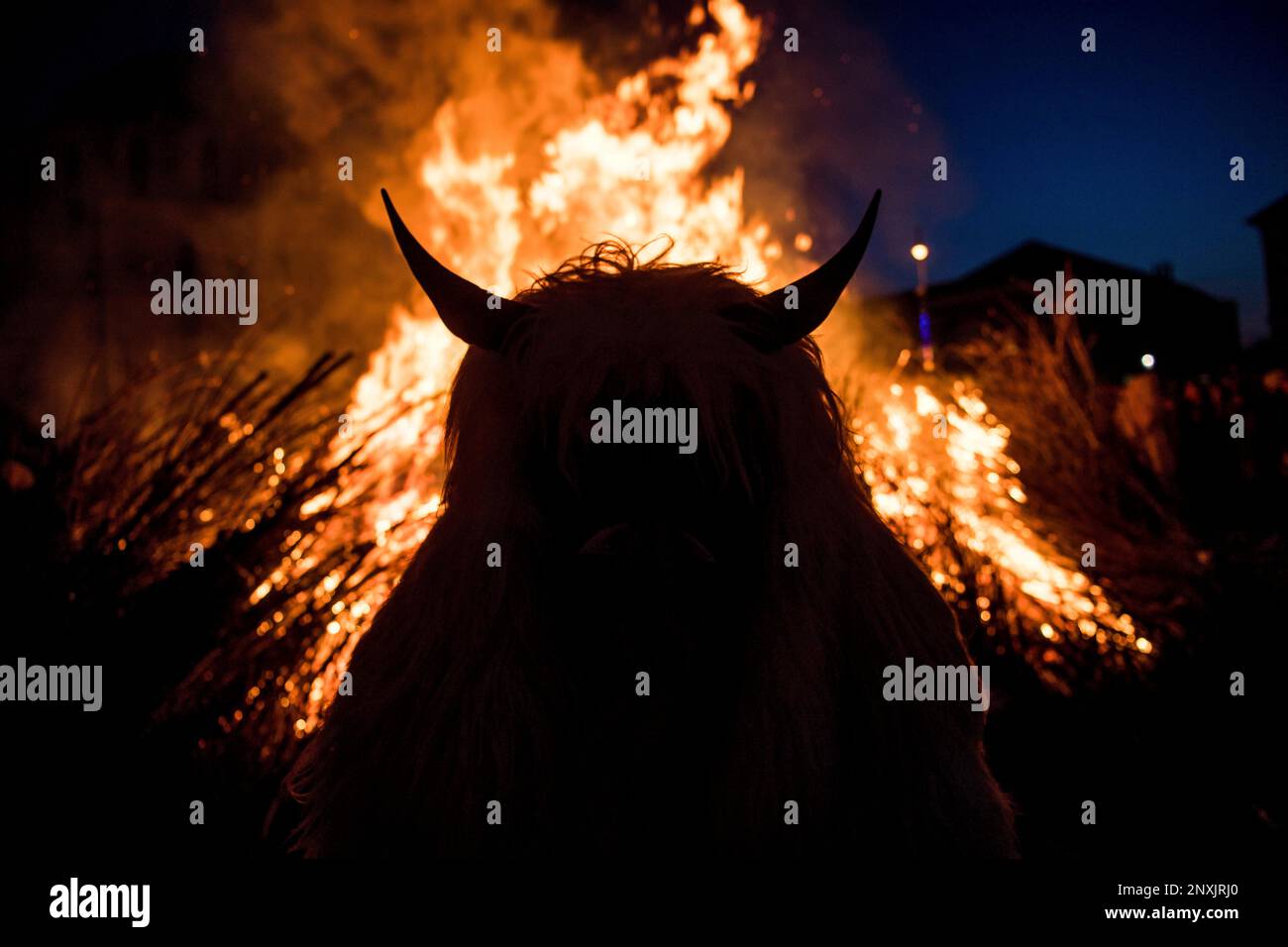 A reveller wearing a sheep wool costume with horns and a mask stands in ...
