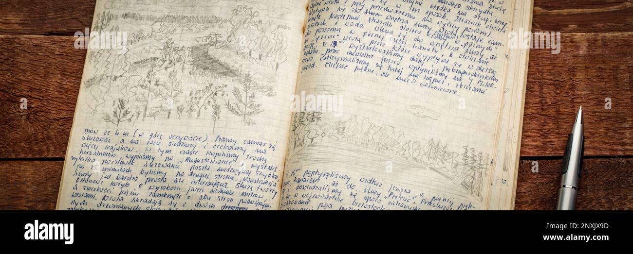 Kayak expedition journal - handwriting in Polish and drawing in pencil ...