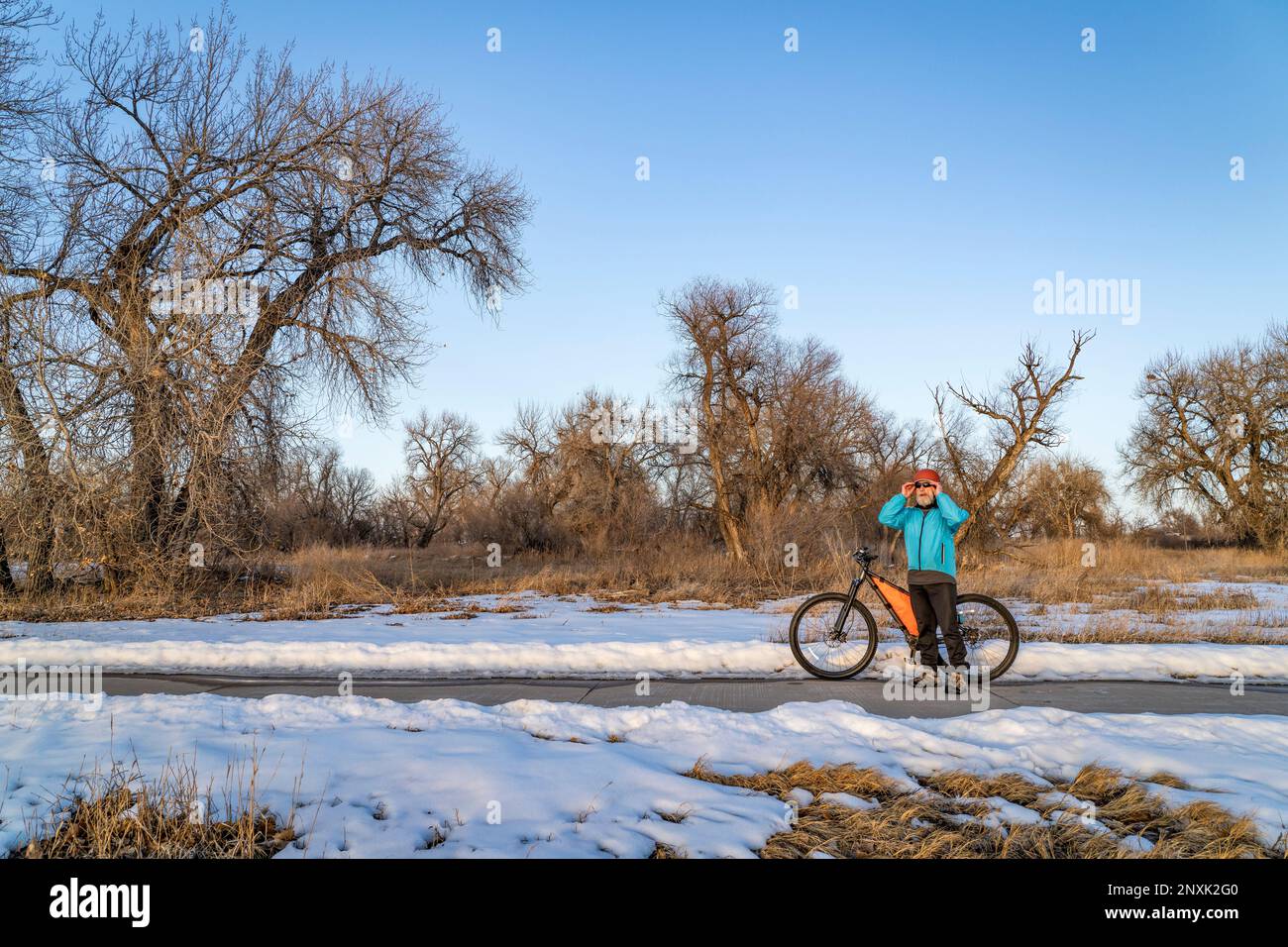 senior cyclist with a mountain bike is taking a rest stop on Poudre ...