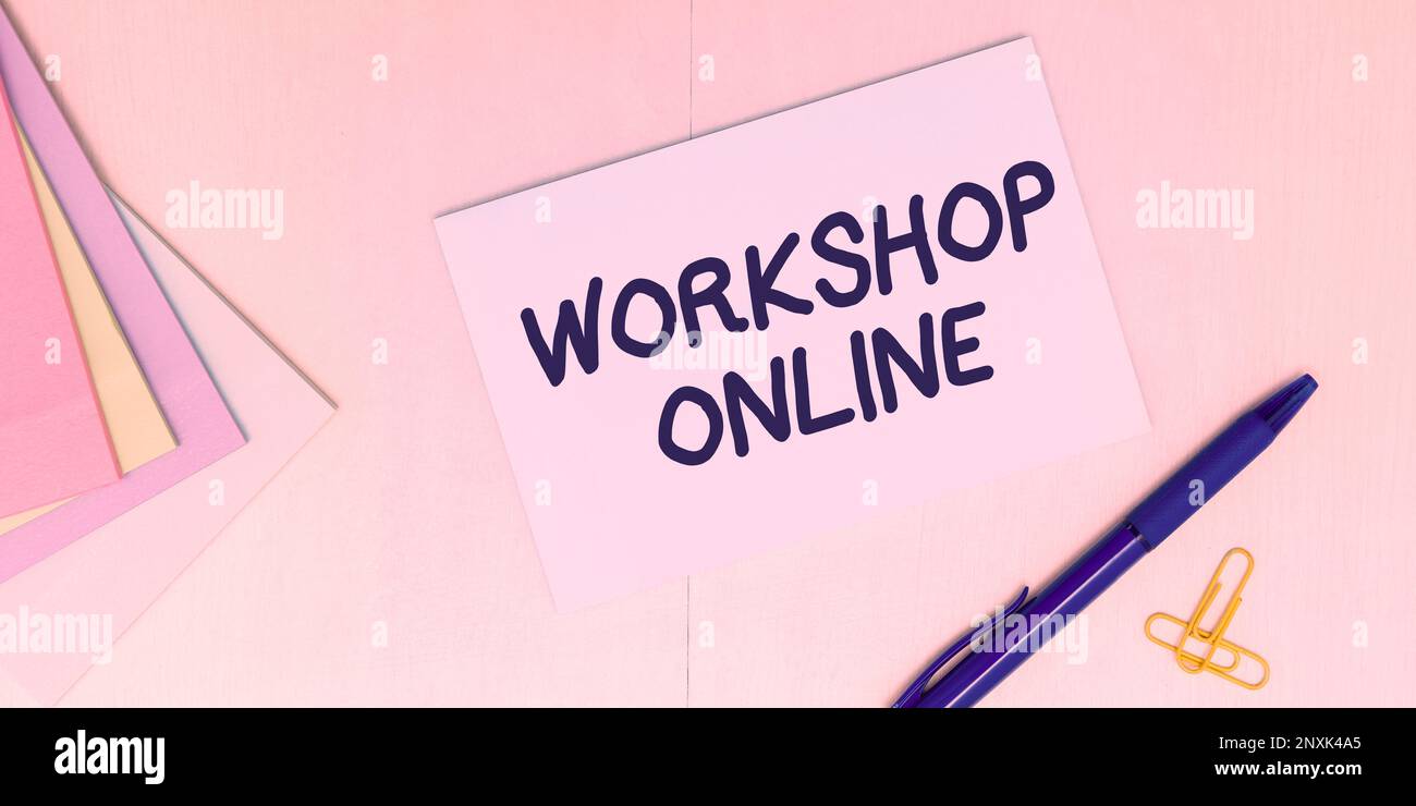 Text caption presenting Workshop Online. Business overview room or ...