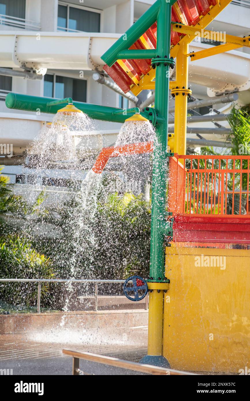 Interacting fountains, waters jets, and sprays in summer water park ...