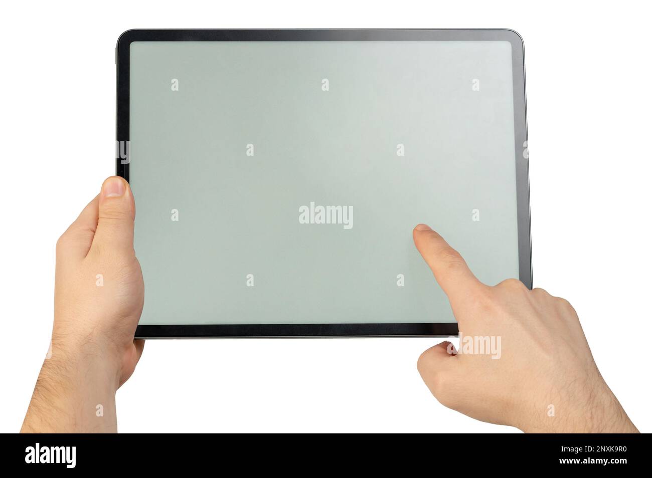 Touching screen on tablet with one finger close up view isolated Stock ...