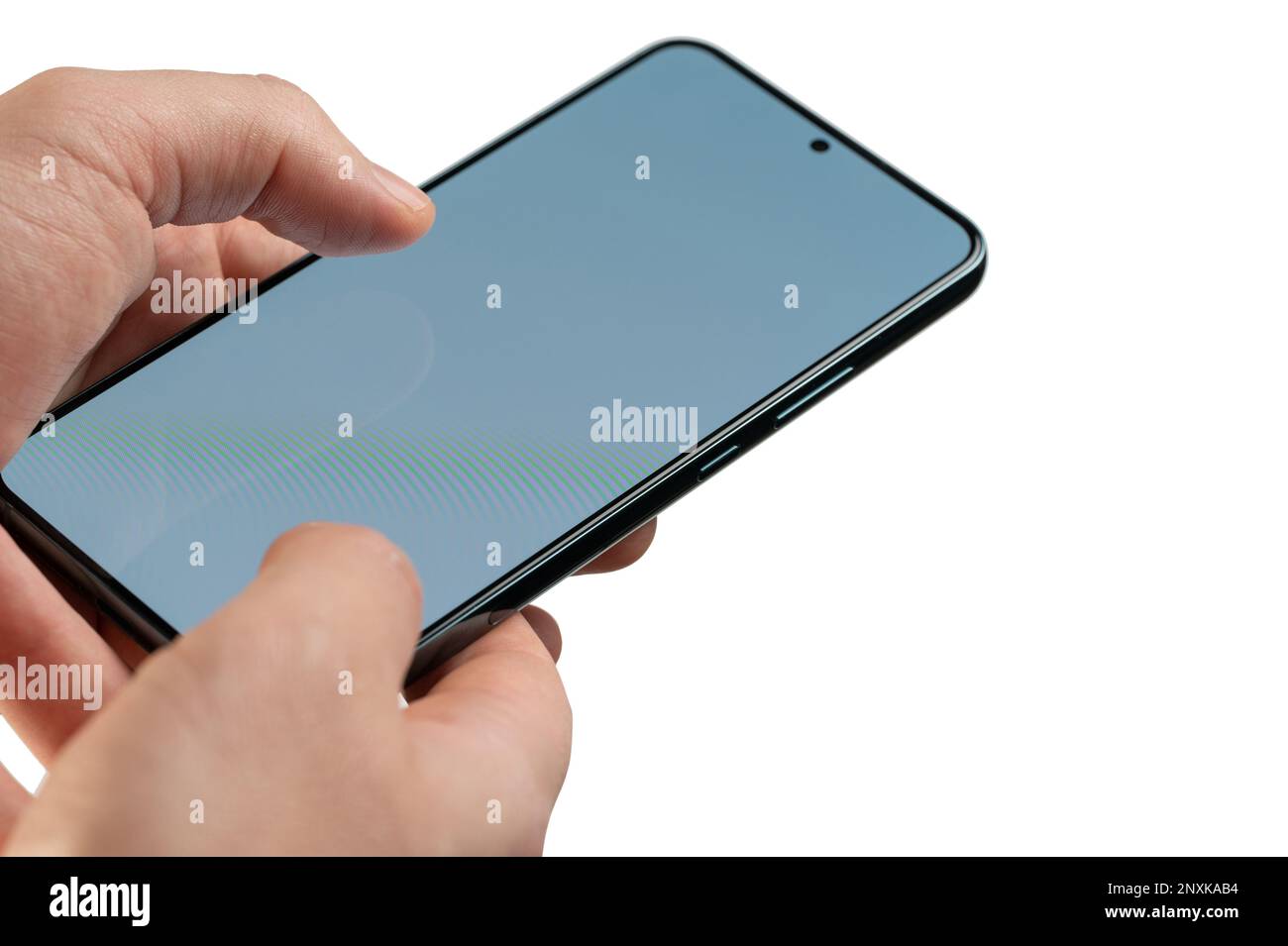 Press screen on blank smartphone close up view isolated on white studio ...