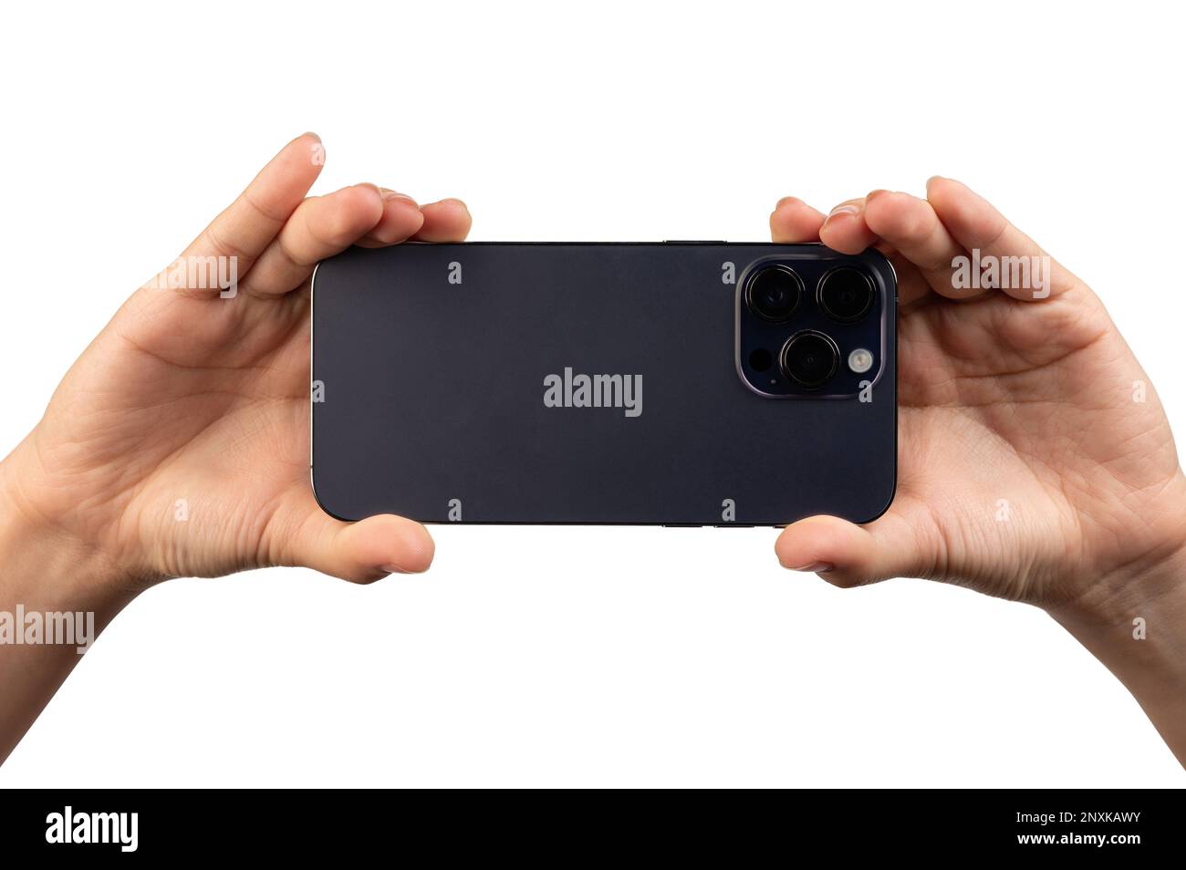 Purple smartphone in hands with triple camera isolated on white studio ...