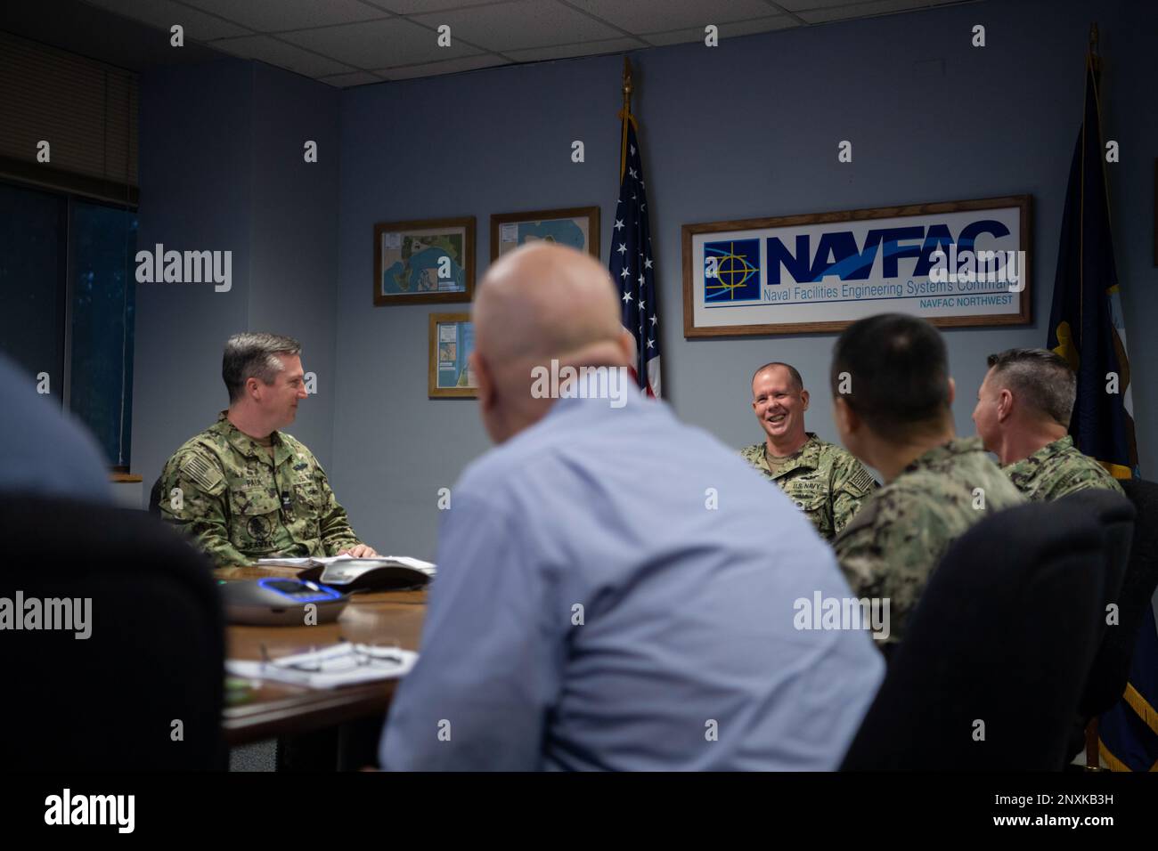 Rear Adm. Dean VanderLey, commander, Naval Facilities Engineering Systems Command meets with ...
