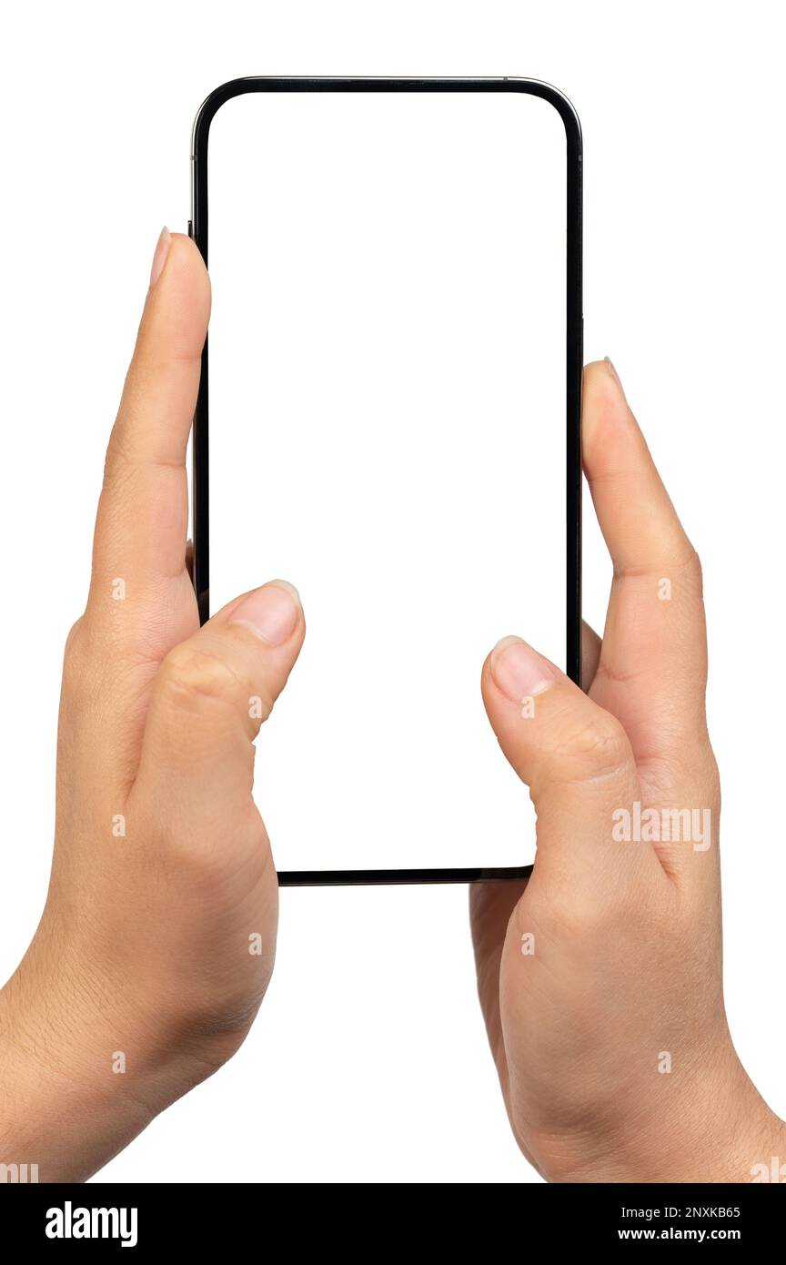 Using mobile phone in vertical view isolated on white studio background ...